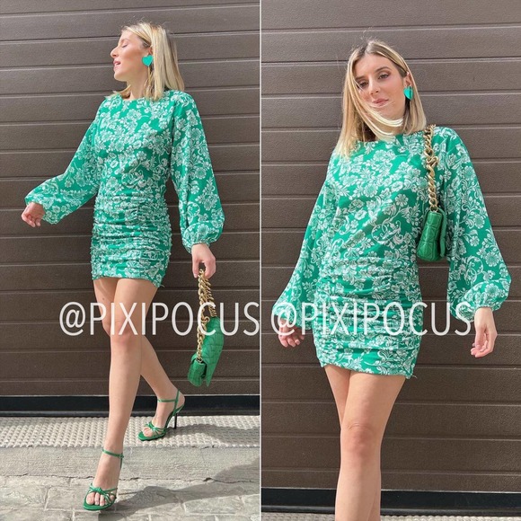 Zara | Dresses | Zara Balloon Sleeve Jacquard Knit Dress Green | Poshmark